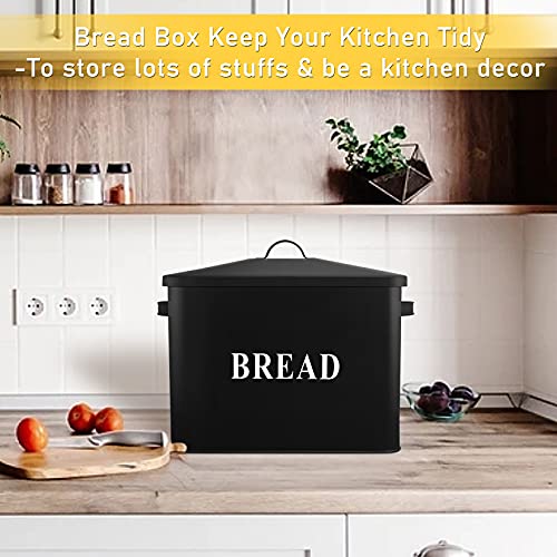 P&P CHEF Extra Large Black Bread Box with Lid, Metal Bread Storage Container for Farmhouse Kitchen Countertop, 13.1β X 11.81β X 7.2β Inches for Holding 2+ Loaves, Indoor & Outdoor Use