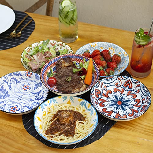 HAPPY KIT 8 inch Pasta Bowls, Salad Bowls Set of 6 for Dessert Appetizer Pasta Bread, Scratch Resistant & Leak Free, Microwave, Oven and Dishwasher Safe, Multiple Pattern