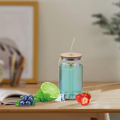 HUAHANGNA Cute Coffee Cups With Glass Straw 24OZ - Large Glass Drinking Jar, Bamboo Cups with Lids and Straws, Sublimation Glass Blanks, Boba Cup Ideal for Water, Juice, Beer, Smoothies…