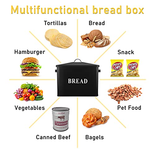 P&P CHEF Extra Large Black Bread Box with Lid, Metal Bread Storage Container for Farmhouse Kitchen Countertop, 13.1β X 11.81β X 7.2β Inches for Holding 2+ Loaves, Indoor & Outdoor Use