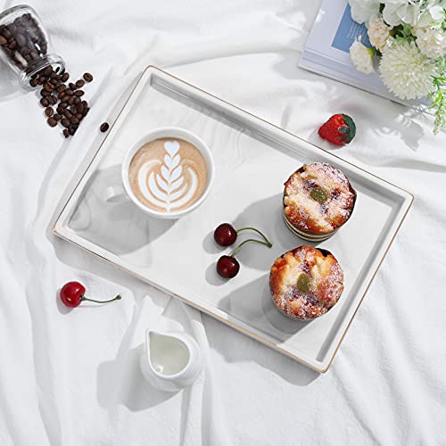 Shinowa Ceramic Vanity Tray, Bathroom Counter Tray Marble Finish Perfume Tray Rectangle Decorative Tray for Vanity Dresser Bathroom Countertop Living Room Kitchen, Large Size - Marble White