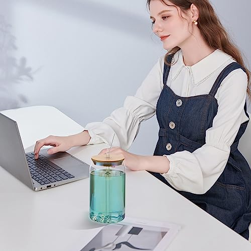 HUAHANGNA Cute Coffee Cups With Glass Straw 24OZ - Large Glass Drinking Jar, Bamboo Cups with Lids and Straws, Sublimation Glass Blanks, Boba Cup Ideal for Water, Juice, Beer, Smoothies…