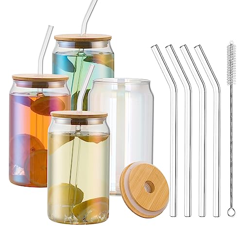 HUAHANGNA Cute Coffee Cups With Glass Straw 24OZ - Large Glass Drinking Jar, Bamboo Cups with Lids and Straws, Sublimation Glass Blanks, Boba Cup Ideal for Water, Juice, Beer, Smoothies…