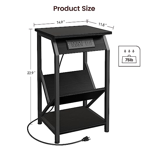 IDEALHOUSE End Table with Charging Station, Black Side Table with USB Ports and Outlet in Living Room & Bedroom, Wooden Sturdy Couch Bedside Small Bookcase