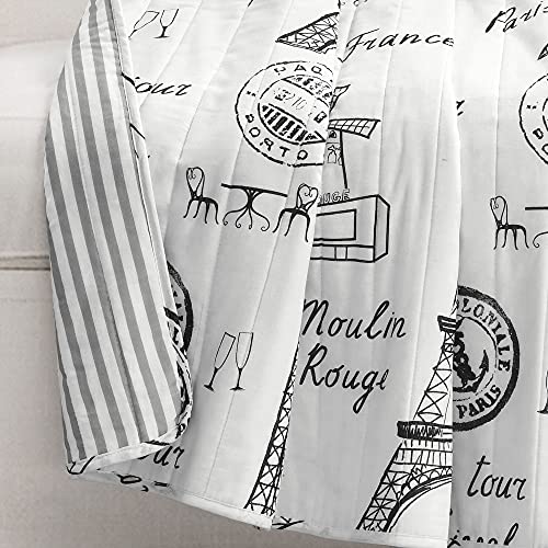 Lush Decor Paris Bonjour Reversible Cotton Throw Blanket, 60" x 50", Black & White