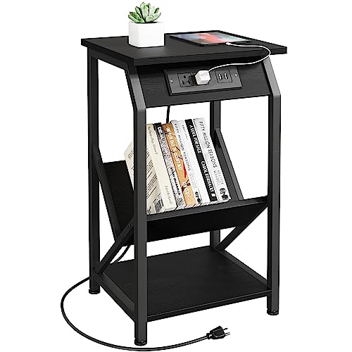 IDEALHOUSE End Table with Charging Station, Black Side Table with USB Ports and Outlet in Living Room & Bedroom, Wooden Sturdy Couch Bedside Small Bookcase