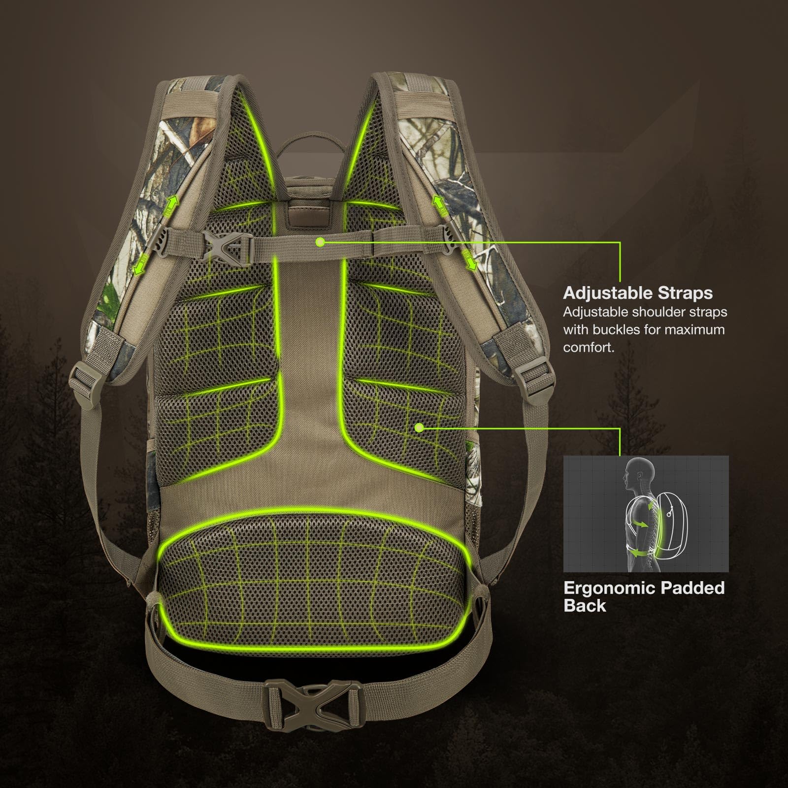 TIDEWE Hunting Backpack with Waterproof Rain Cover, 25L Hunting Pack, Durable Hunting Day Pack for Bow Rifle Gun (Next Camo G2)