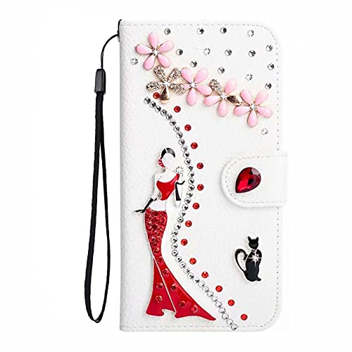 Girlyard Case for iPhone 12 / iPhone 12 Pro 6.1 Inch, Bling Glitter Rhinestone PU Leather Wallet Case with Card Holder Flip Magnetic Kickstand Shockproof Protective Cover - White, Beauty in Red Dress