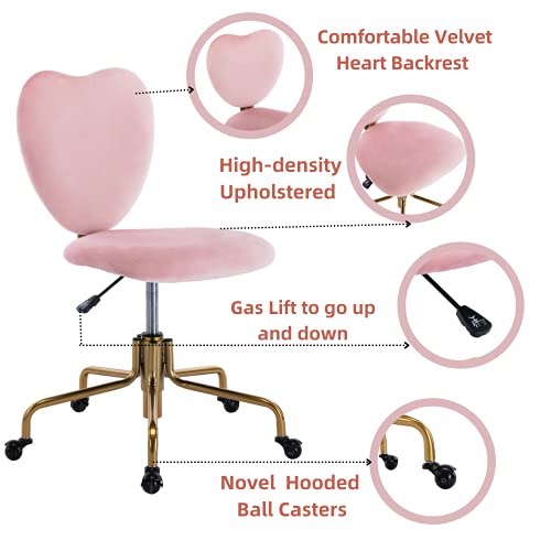 HNY Hi&Yeah Velvet Cute Desk Chair with Wheels, Comfortable Armless Home Office Chairs Heart Backrest, Adjustable Height Upholstered Swivel Accent Vanity Chair, Pink
