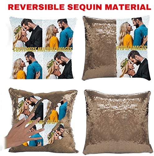 Custom Sequin Pillow Personalized Multiple Picture Mermaid Sequin Pillow Gift for Her Gift for Mom Customized Pillow Magic Sequin Pillow Personalized Gifts (Champagne/White, with Insert,15.7"x15.7")