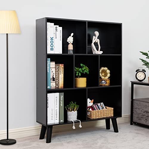 YAHARBO Black Bookshelf,3 Tier Modern Bookcase with Legs,Bookshelves Wood Storage Shelf,Rustic Open Book Shelves Cube Organizer,Free Standing Short Bookcases for Small Space,Bedroom,Living Room,Office