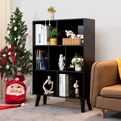 YAHARBO Black Bookshelf,3 Tier Modern Bookcase with Legs,Bookshelves Wood Storage Shelf,Rustic Open Book Shelves Cube Organizer,Free Standing Short Bookcases for Small Space,Bedroom,Living Room,Office