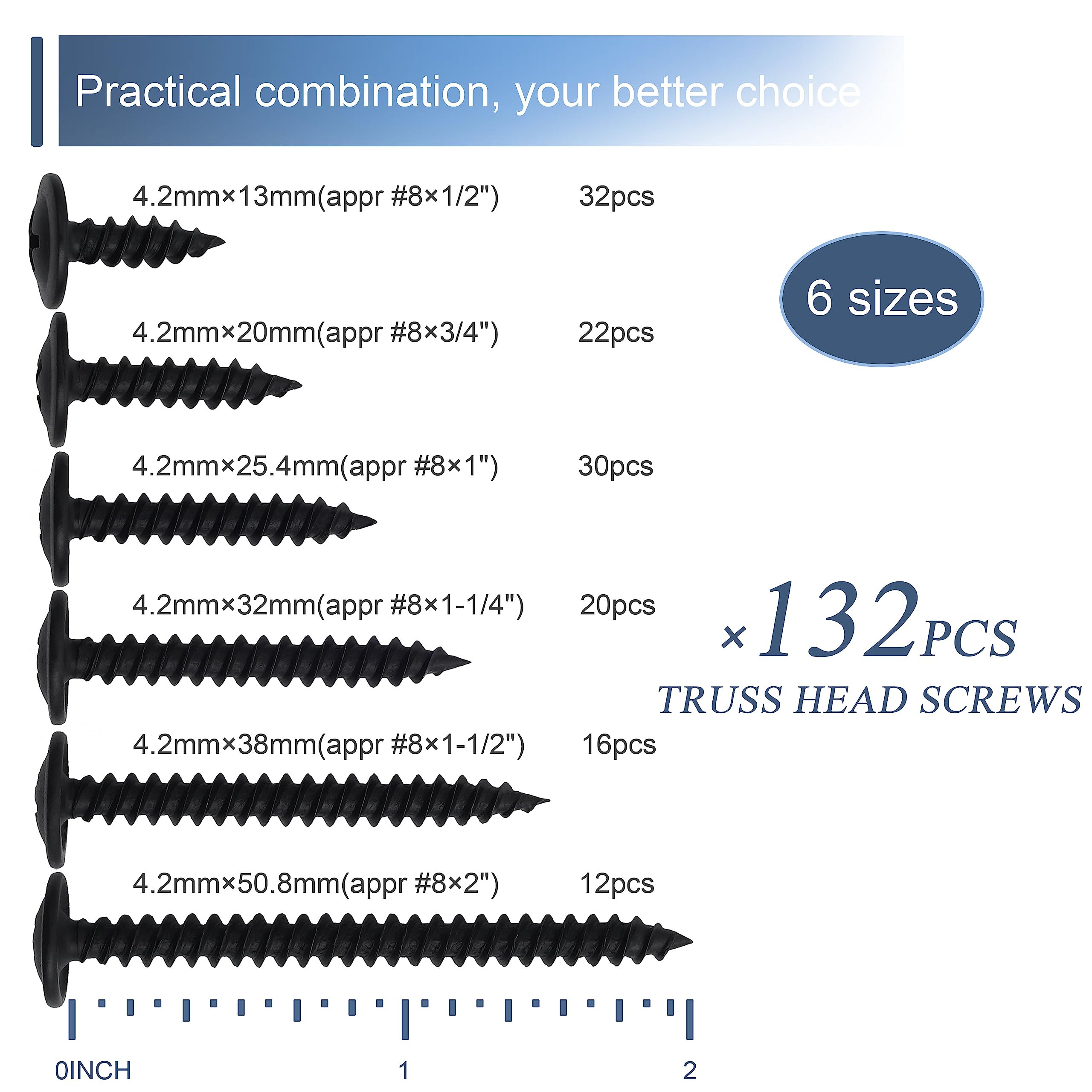 JEGONFRI #8 Modified Truss Head Black Wood Screws Assortment Kit, 132 pcs, Phillips Drive, Wood Screws, Screws, Screws Assortment, Screws Set, 6 Sizes (1/2”, 3/4”, 1”, 1-1/4”, 1-1/2”, 2”) (Black)