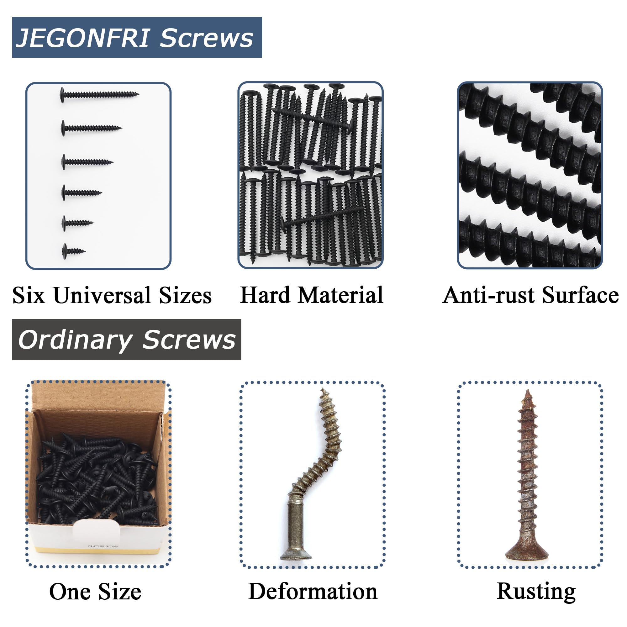 JEGONFRI #8 Modified Truss Head Black Wood Screws Assortment Kit, 132 pcs, Phillips Drive, Wood Screws, Screws, Screws Assortment, Screws Set, 6 Sizes (1/2”, 3/4”, 1”, 1-1/4”, 1-1/2”, 2”) (Black)