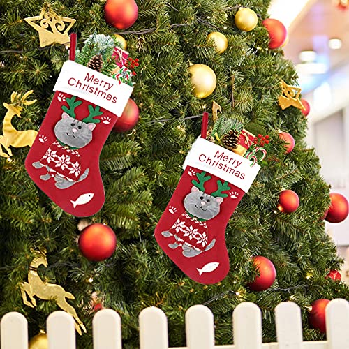 EPHVODI 2 Pack Large Christmas Stocking, 15" 3D Cat with Bell Christmas Cuff Stocking Fireplace Decorations for Family Holiday Season Party Decor