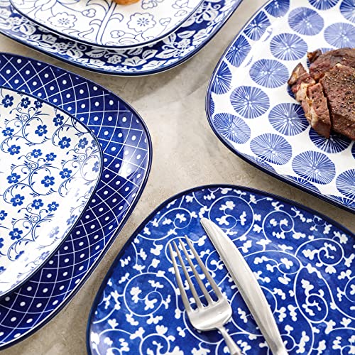 Selamica Porcelain Square Dessert Salad Pasta Plates 7.6 inches ceramic plates set of 6 microwave/dishwasher/oven safe, Vintage Blue