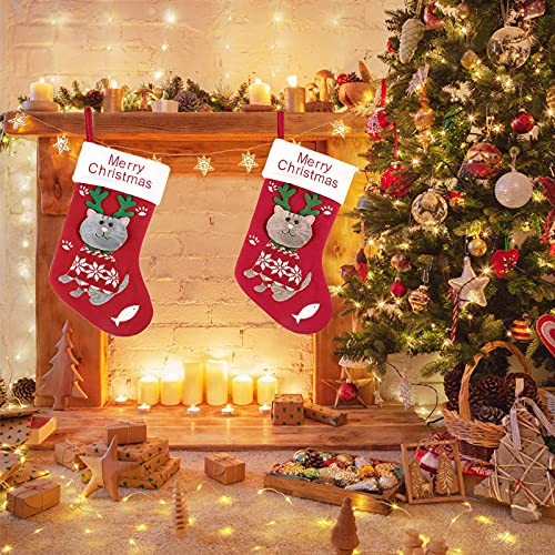 EPHVODI 2 Pack Large Christmas Stocking, 15" 3D Cat with Bell Christmas Cuff Stocking Fireplace Decorations for Family Holiday Season Party Decor