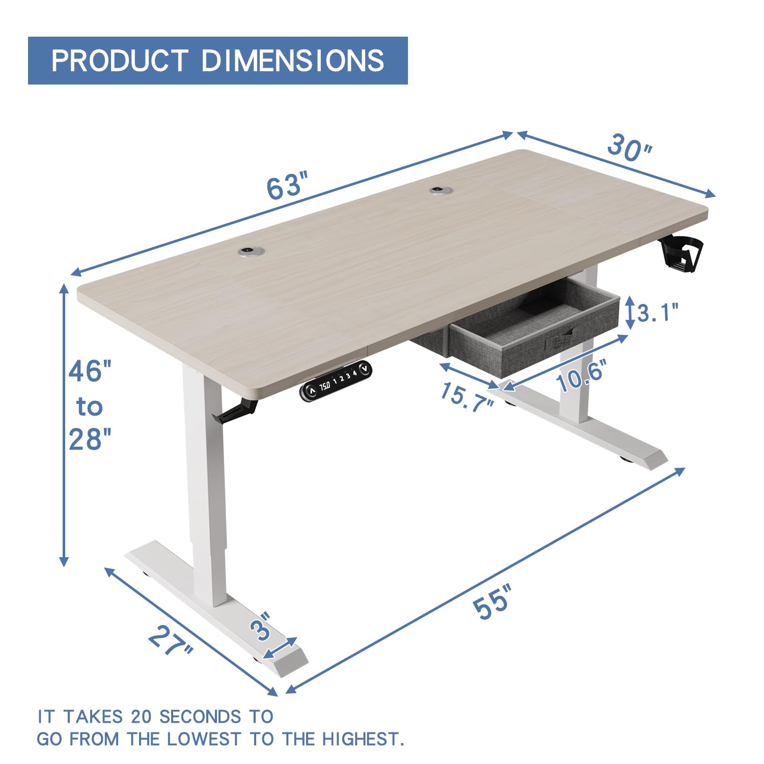 Jceet Electric Standing Desk with Drawer, 63x30 Inches, Modern Style, Perfect for Home or Office Use