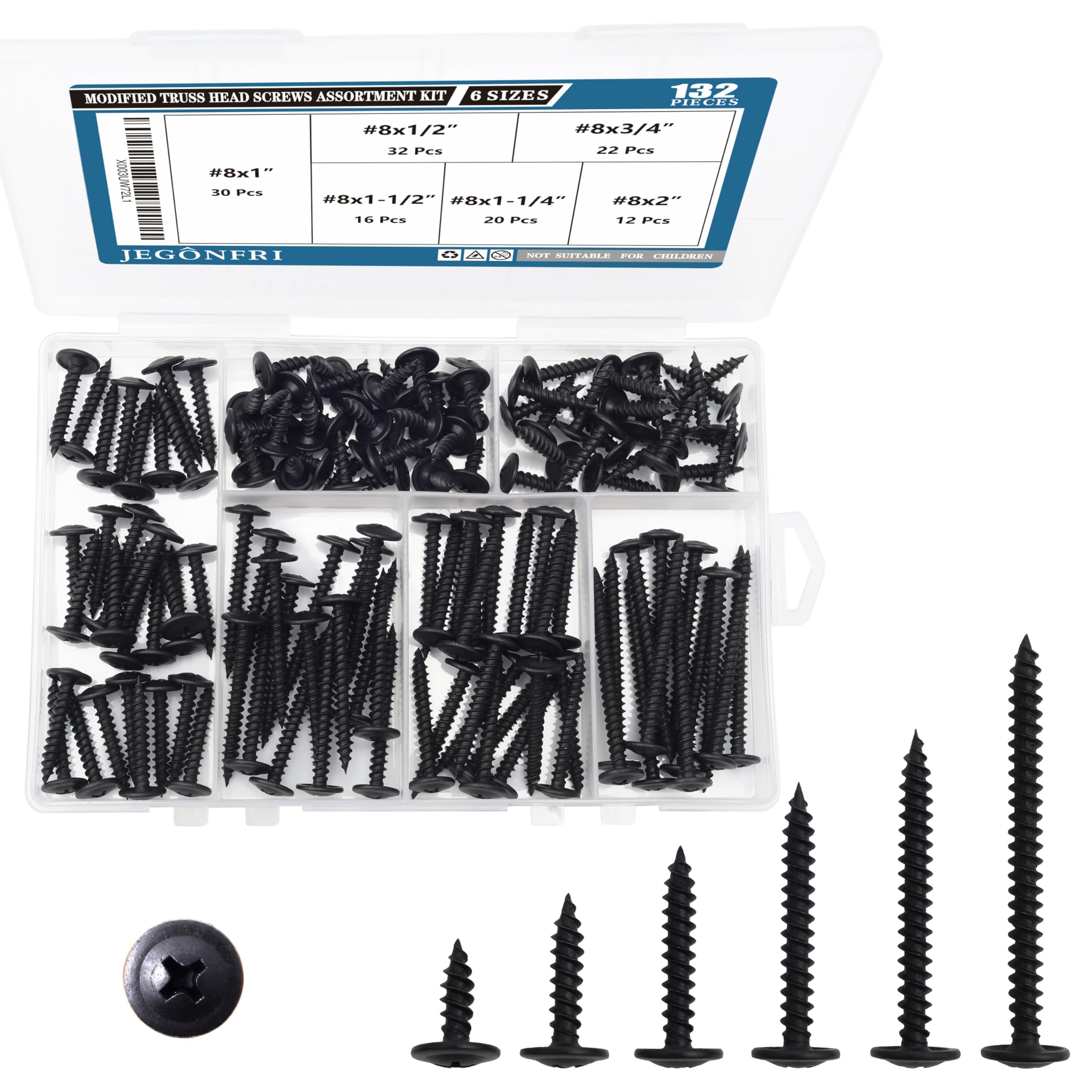 JEGONFRI #8 Modified Truss Head Black Wood Screws Assortment Kit, 132 pcs, Phillips Drive, Wood Screws, Screws, Screws Assortment, Screws Set, 6 Sizes (1/2β, 3/4β, 1β, 1-1/4β, 1-1/2β, 2β) (Black)