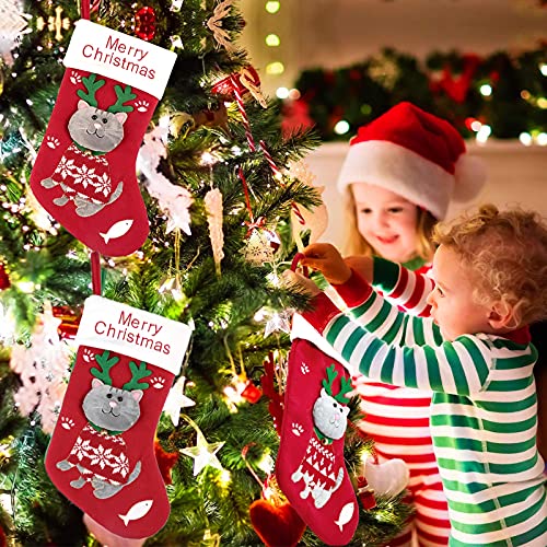 EPHVODI 2 Pack Large Christmas Stocking, 15" 3D Cat with Bell Christmas Cuff Stocking Fireplace Decorations for Family Holiday Season Party Decor