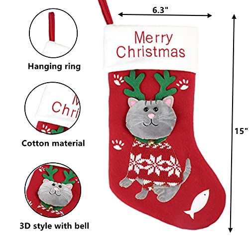 EPHVODI 2 Pack Large Christmas Stocking, 15" 3D Cat with Bell Christmas Cuff Stocking Fireplace Decorations for Family Holiday Season Party Decor
