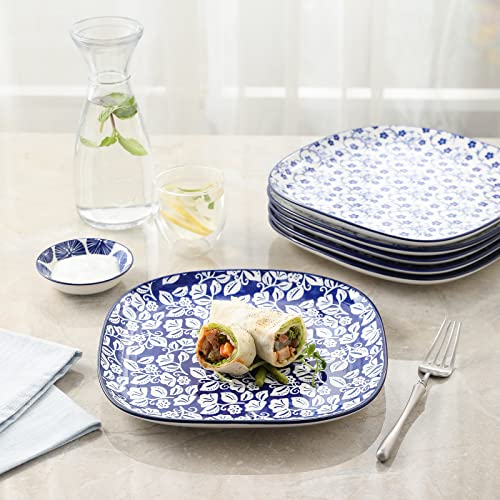 Selamica Porcelain Square Dessert Salad Pasta Plates 7.6 inches ceramic plates set of 6 microwave/dishwasher/oven safe, Vintage Blue