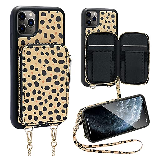 iPhone 12 Crossbody Case, ZVEdeng iPhone 12 Pro Wallet Case Card Holder Crossbody Chain Wrist Strap for Women Zipper Wallet Shockproof Leather Case Cover for iPhone 12/12 Pro 6.1'' Cheetah Print Skin