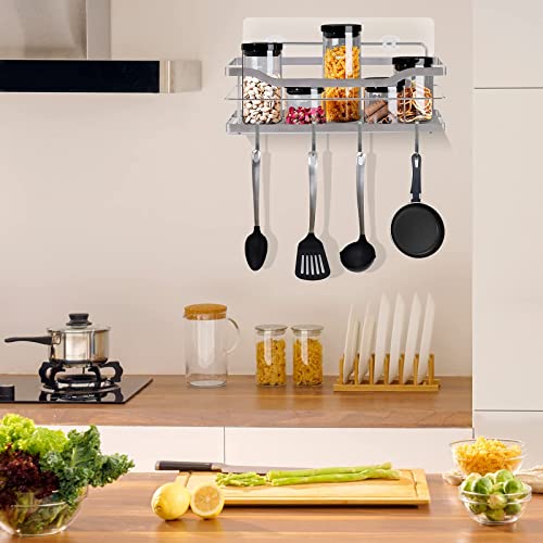 Adhesive Hanging Shower Caddy Organizer Shelf for Inside Shower with 6 Movable Hooks, 304 Stainless Steel, Wall Mount No Drilling, Spice Rack for Kitchen Storage -Silver, 2-Pack
