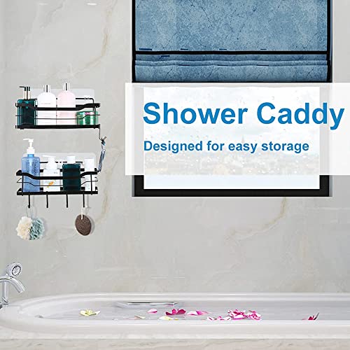 Adhesive Hanging Shower Caddy Organizer Shelf for Inside Shower with 6 Movable Hooks, 304 Stainless Steel, Wall Mount No Drilling, Spice Rack for Kitchen Storage -Silver, 2-Pack