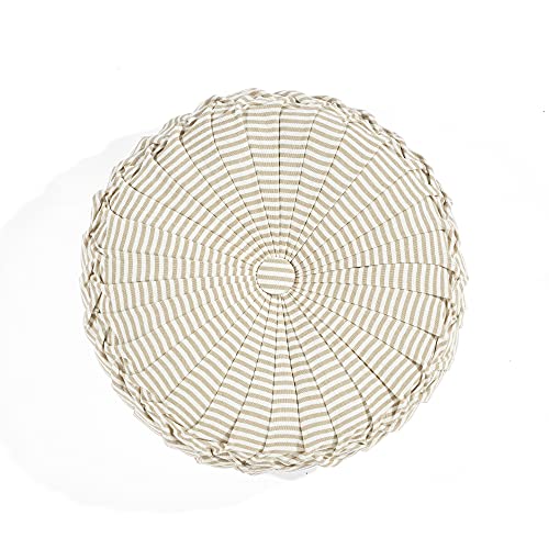 Lush Decor Farmhouse Ticking Stripe Yarn Dyed Pleated Decorative Pillow, 14" Round, Neutral