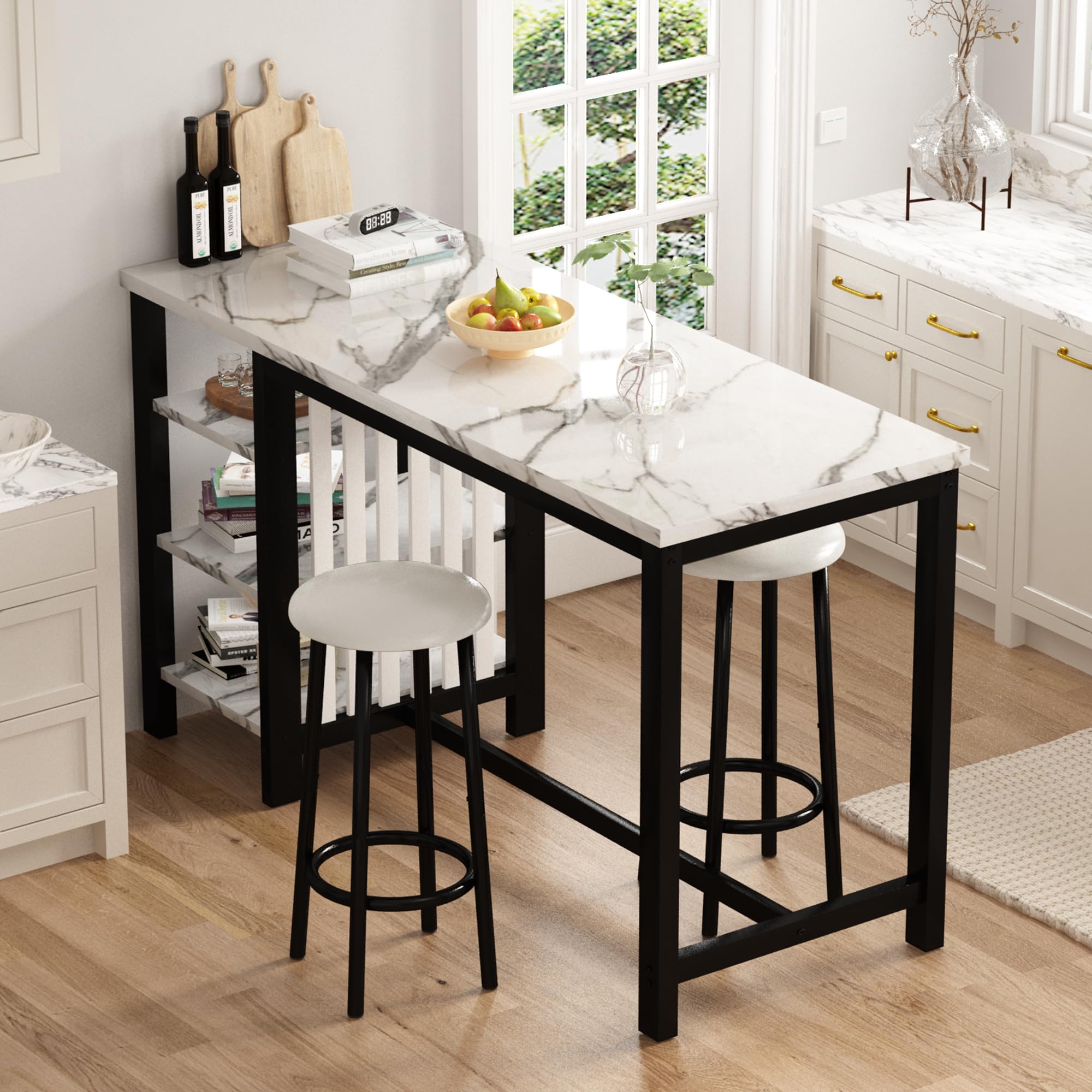 AWQM Home Bar Table Set of 2, 47" White Faux Marble Dining Set with Storage Shelves and Upholstered Leather Bar Height Stools, 3-Piece Kitchen Table for 2 People, Space Saving Table (White & Black)
