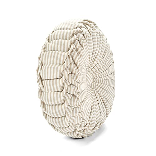 Lush Decor Farmhouse Ticking Stripe Yarn Dyed Pleated Decorative Pillow, 14" Round, Neutral