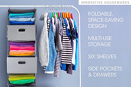 Closet Organizer Hanging Shelves, 6 Shelf Closet Storage with 5 Storage Drawers & Purpose Made Pockets, Jewelry Shoe Organizer Drawer Organizers, Perfect for Organization and Storage (Light Grey)