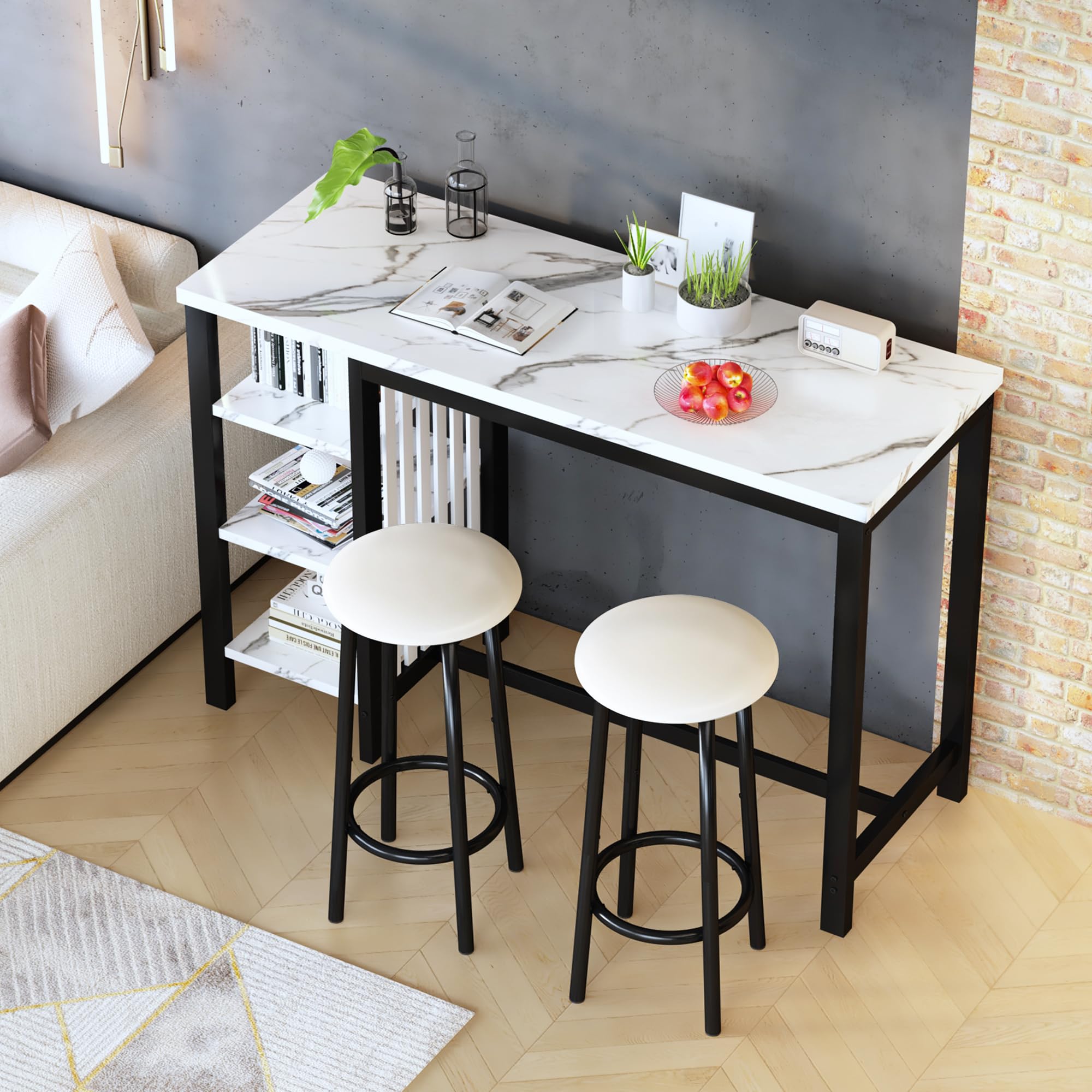 AWQM Home Bar Table Set of 2, 47" White Faux Marble Dining Set with Storage Shelves and Upholstered Leather Bar Height Stools, 3-Piece Kitchen Table for 2 People, Space Saving Table (White & Black)