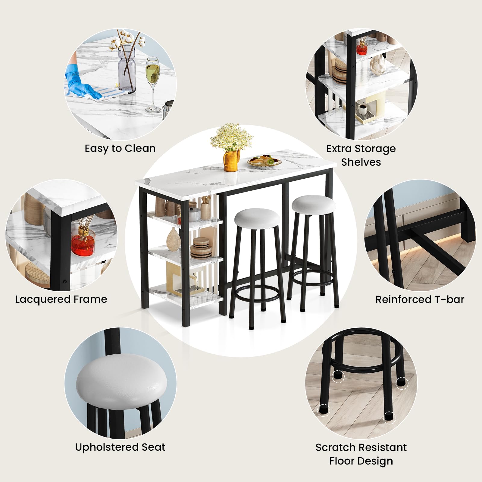 AWQM Home Bar Table Set of 2, 47" White Faux Marble Dining Set with Storage Shelves and Upholstered Leather Bar Height Stools, 3-Piece Kitchen Table for 2 People, Space Saving Table (White & Black)