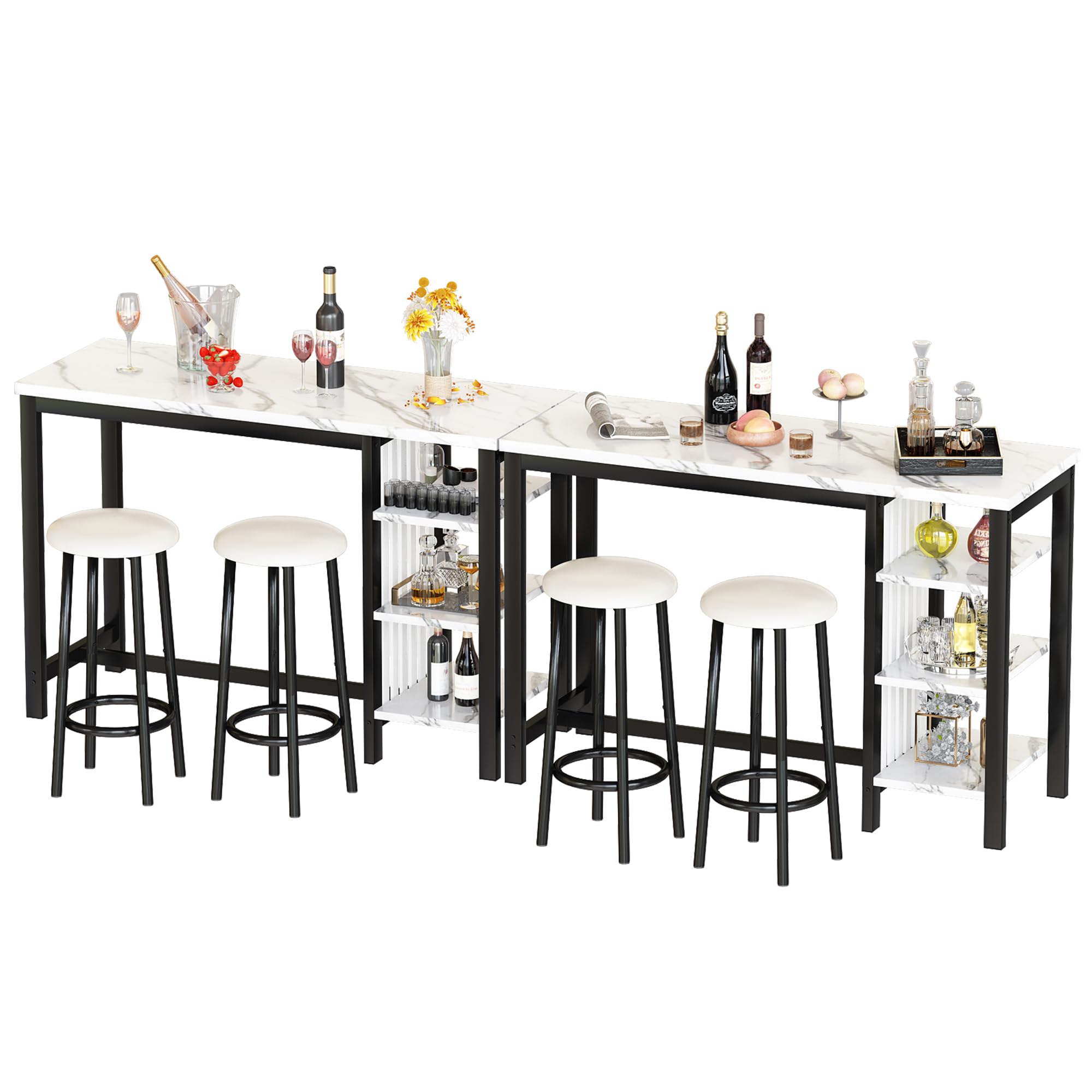 AWQM Home Bar Table Set of 2, 47" White Faux Marble Dining Set with Storage Shelves and Upholstered Leather Bar Height Stools, 3-Piece Kitchen Table for 2 People, Space Saving Table (White & Black)