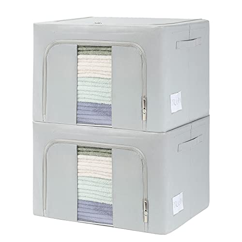 XULAN 66L Oxford Clothes Storage Bins, 2 Pack Large Metal Frame Storage Bins Stackable with Clear Window | Carry Handles for Seasonal Clothing, Bedding, Toys (Grey)