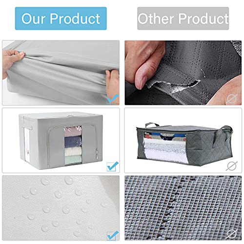 XULAN 66L Oxford Clothes Storage Bins, 2 Pack Large Metal Frame Storage Bins Stackable with Clear Window | Carry Handles for Seasonal Clothing, Bedding, Toys (Grey)
