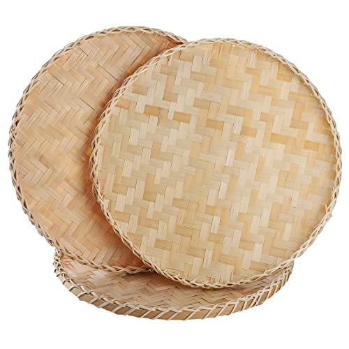 Suwimut 3 Pieces Handmade Bamboo Woven Basket Tray, 13 Inch Flat Wicker Round Fruit Basket Woven Food Storage Shallow Tray Decorative Serving Tray Wall Hanging Baskets for Breakfast, Snacks (Beige)