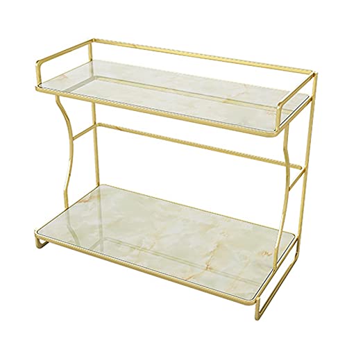 ETIGER Makeup Organizer, 2 Tier Bathroom Cosmetic Storage Shelf, Decorative Wire Vanity Organizer Basket with Marbling Glass Tray(White)