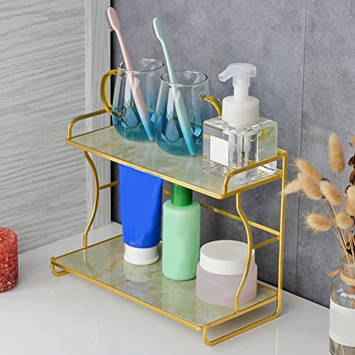 ETIGER Makeup Organizer, 2 Tier Bathroom Cosmetic Storage Shelf, Decorative Wire Vanity Organizer Basket with Marbling Glass Tray(White)