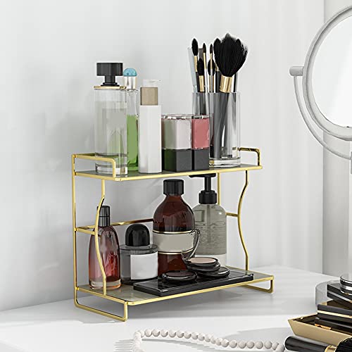 ETIGER Makeup Organizer, 2 Tier Bathroom Cosmetic Storage Shelf, Decorative Wire Vanity Organizer Basket with Marbling Glass Tray(White)