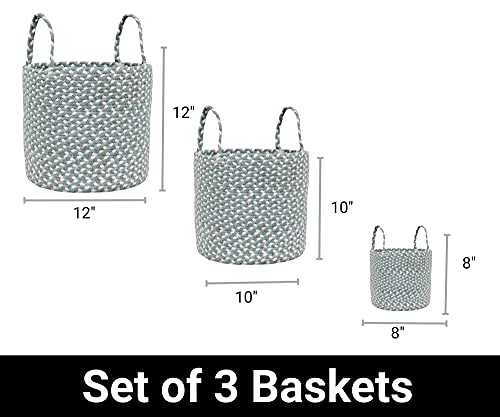 Super Area Rugs Farmhouse Plant Basket/Planter Multi Purpose Open Top Bin with Handles, Cotton Rope Basket, 8-inch, 10-inch and 12-inch Teal, White, Gray