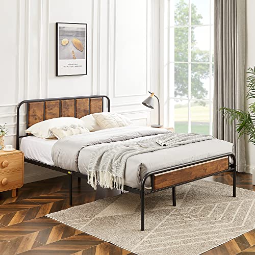 VECELO Full Size Metal Platform Bed Frame with Wooden Headboard,Sturdy Steel Slats Support/Matress Foudation/No Box Spring Needed(Vintage Brown)