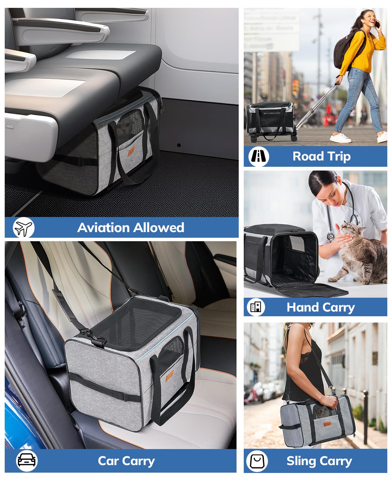 Morpilot Cat and Dog Carrier with Detachable Wheels - Airline Approved Rolling Carrier for Small Pets and Cats - Foldable Pet Travel Bag
