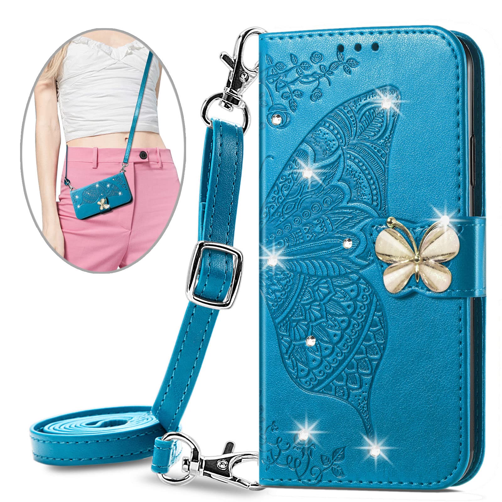 ONV Wallet Case Compatible with Samsung Galaxy S9 Plus -1.5M Adjustable Strap Emboss Butterfly Flip Phone Case Card Slot Magnet Leather Shell Flip Stand Cover for Samsung Galaxy S9 Plus [ZS] -Blue