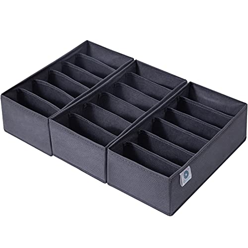 Qozary 3 Pack Sock Underwear Drawer Organizer Dividers, Non-Woven Fabric Collapsible Cabinet Closet Storage Boxes for Clothes, Socks, Lingerie, Underwear, Tie, Belt, Baby, Bedroom (Gray, 6 Cells)