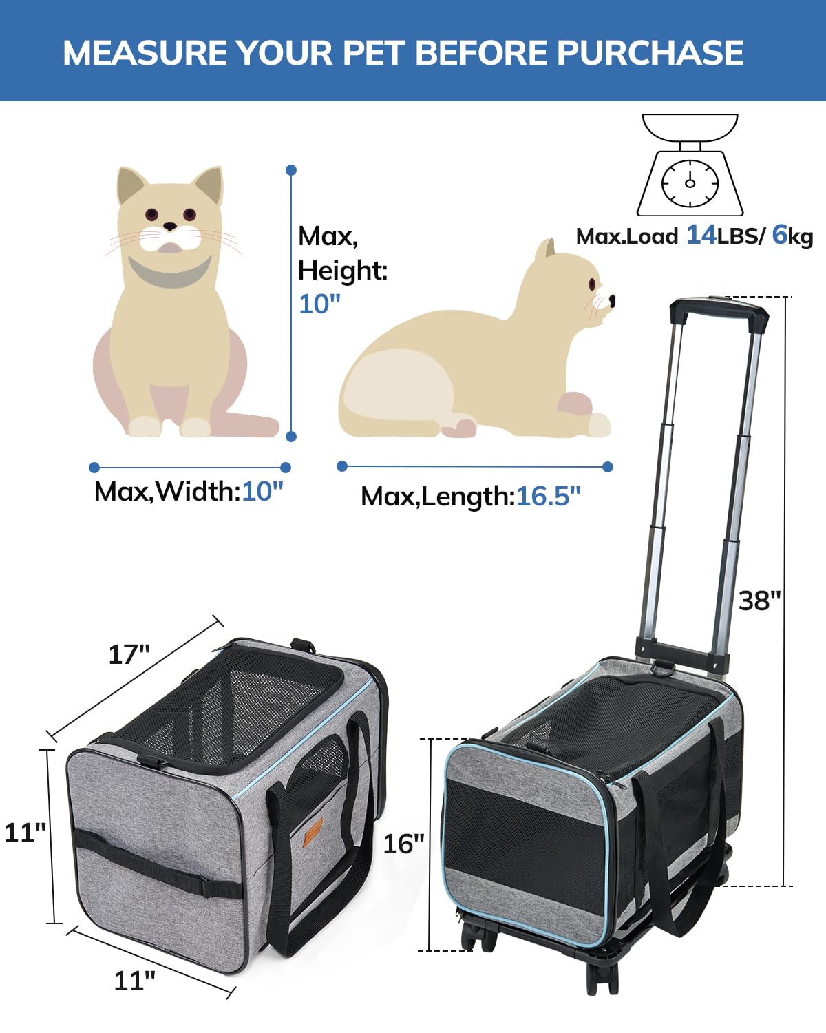 Morpilot Cat and Dog Carrier with Detachable Wheels - Airline Approved Rolling Carrier for Small Pets and Cats - Foldable Pet Travel Bag