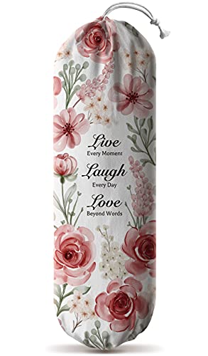 Hglian Grocery Plastic Bag Holder Dispenser, Inspirational Farmhouse Plastic Bag Organizer Storage Container for Shopping Trash Bags,Cute Flowers Kitchen Décor Gifts for Women Mom Friend Grandma Pink