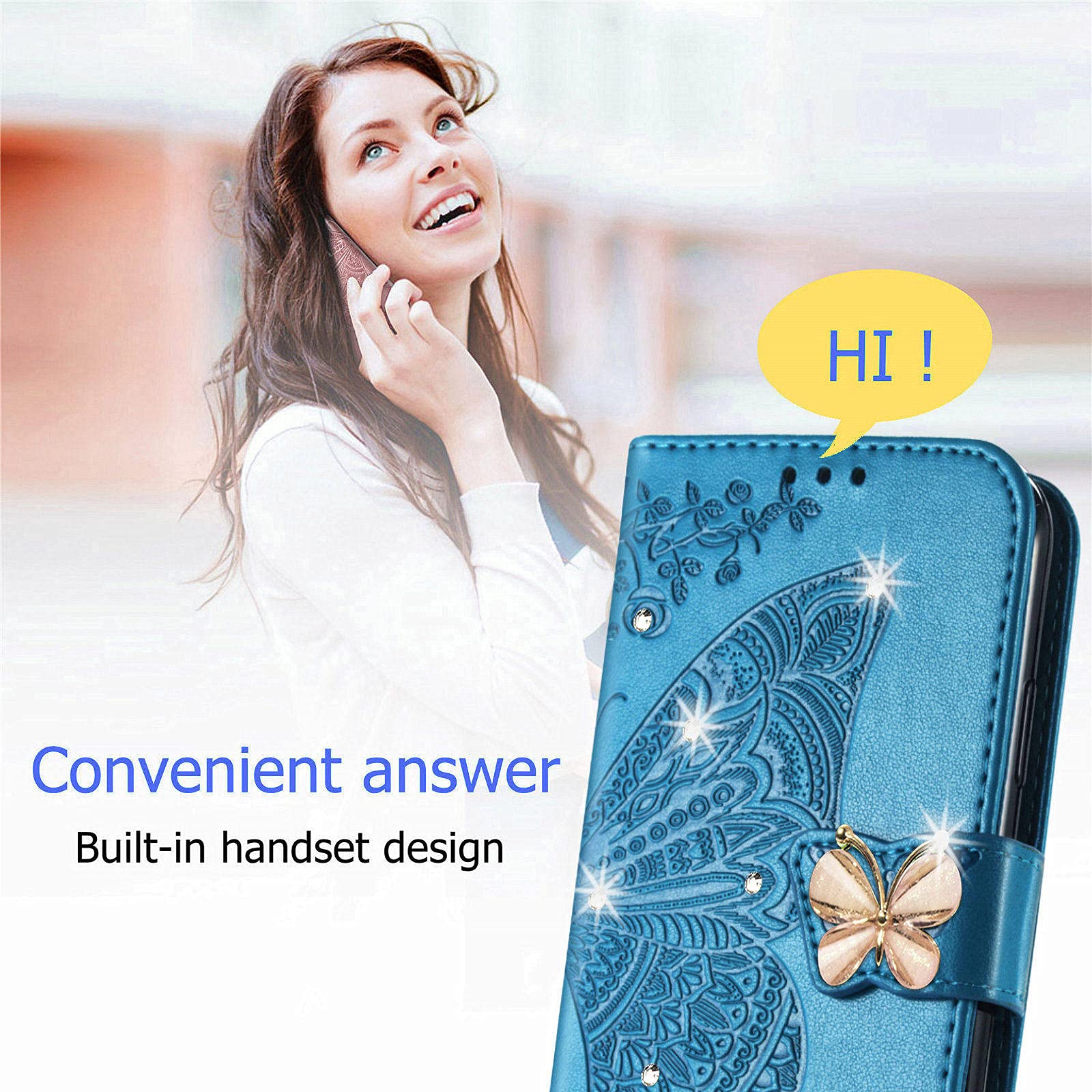 ONV Wallet Case Compatible with Samsung Galaxy S9 Plus -1.5M Adjustable Strap Emboss Butterfly Flip Phone Case Card Slot Magnet Leather Shell Flip Stand Cover for Samsung Galaxy S9 Plus [ZS] -Blue